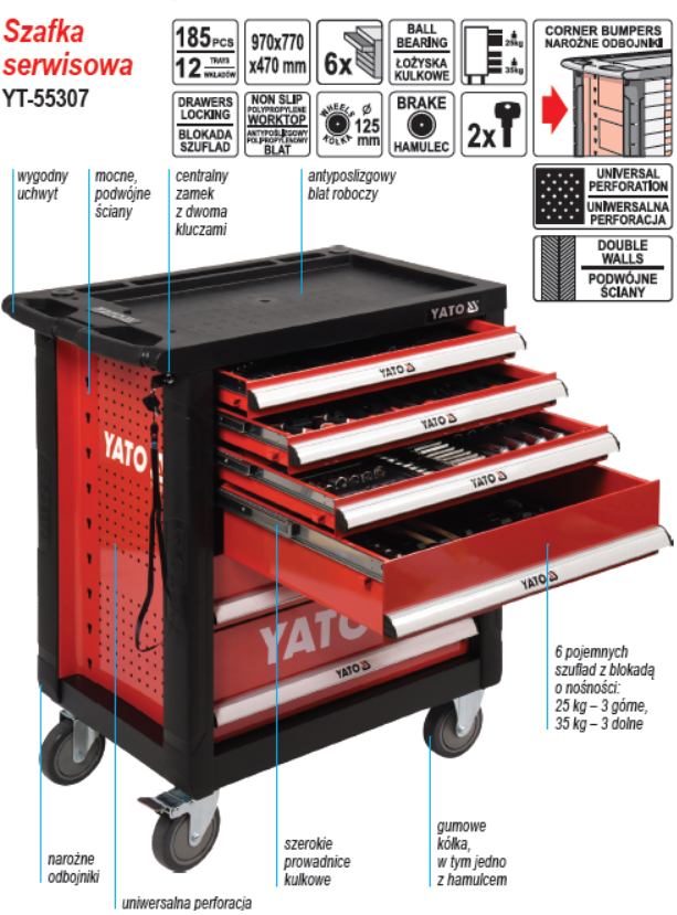Wózek narzędziowy Yato z zestawem narzędzi 185 cz. YT-55307 - Narzędzia SEGER