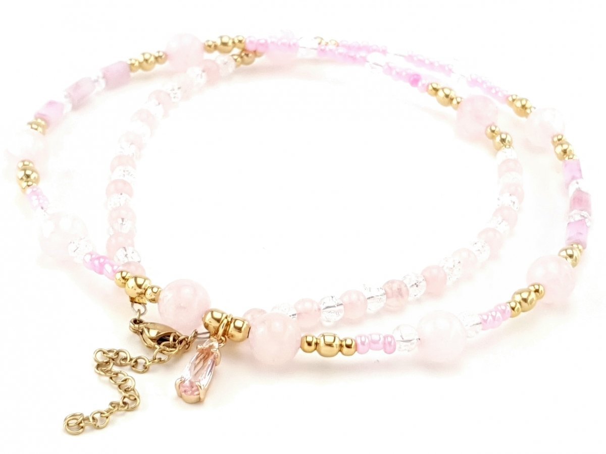 1637g Złoty łańcuszek kwarc różowy kamień naszyjnik 55+5 stal ...