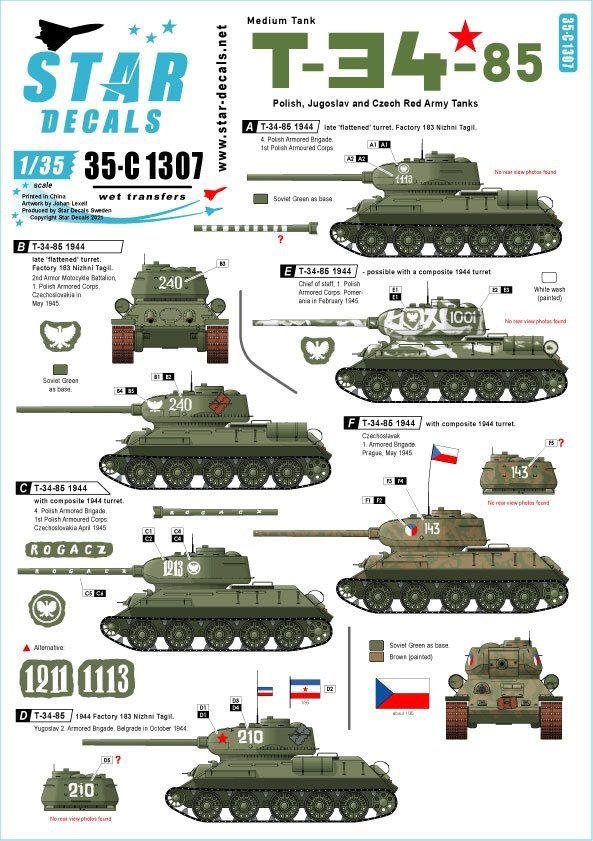 Star Decals 35-C1307 T-34-85 Medium Tank 1 35 - WW2 Red Army - scale 1 ...