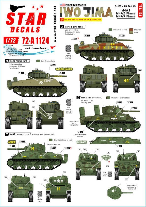 Star Decals 72-A1124 US PACIFIC WARS - IWO JIMA USMC Sherman tanks 1 72 ...