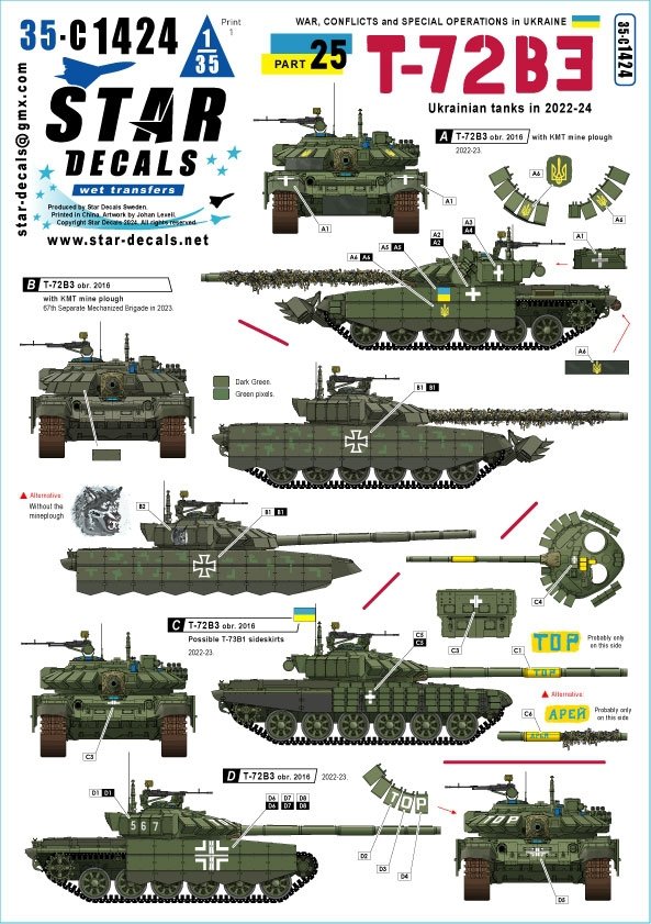 Star Decals 35-C1424 War in Ukraine 25 Ukrainian T-72B3 obr 2016 in 2022-24 1 35 - War in ...