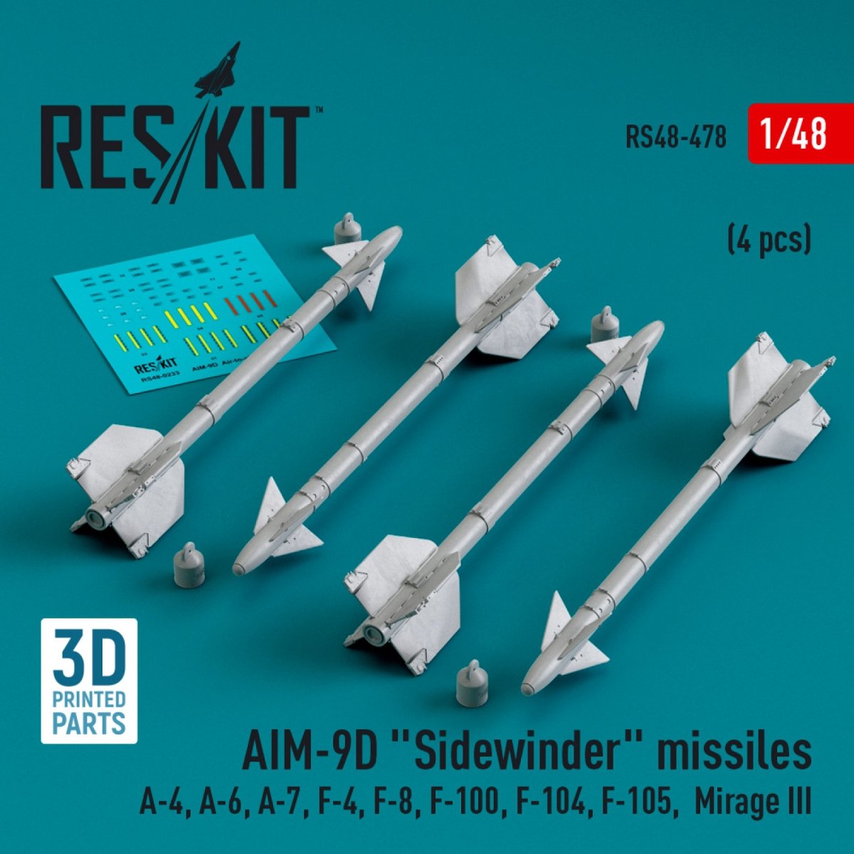 RESKIT RS48-0478 AIM-9D "Sidewinder" missiles (4 pcs) (3D Printed) 1 48 ...