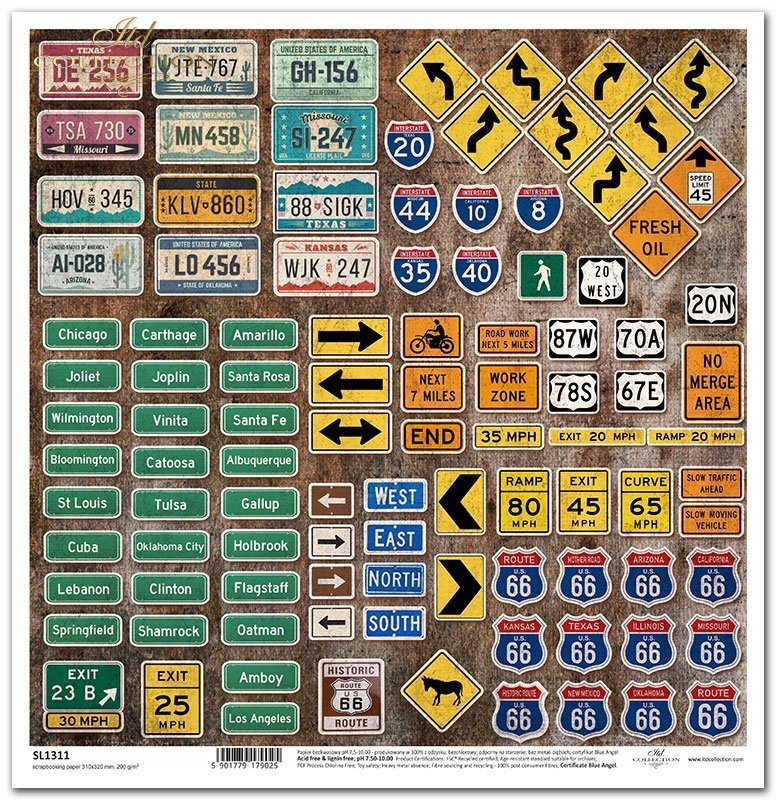 scrapbooking paper SL1311 * Legendary Route 66, road signs, number plates
