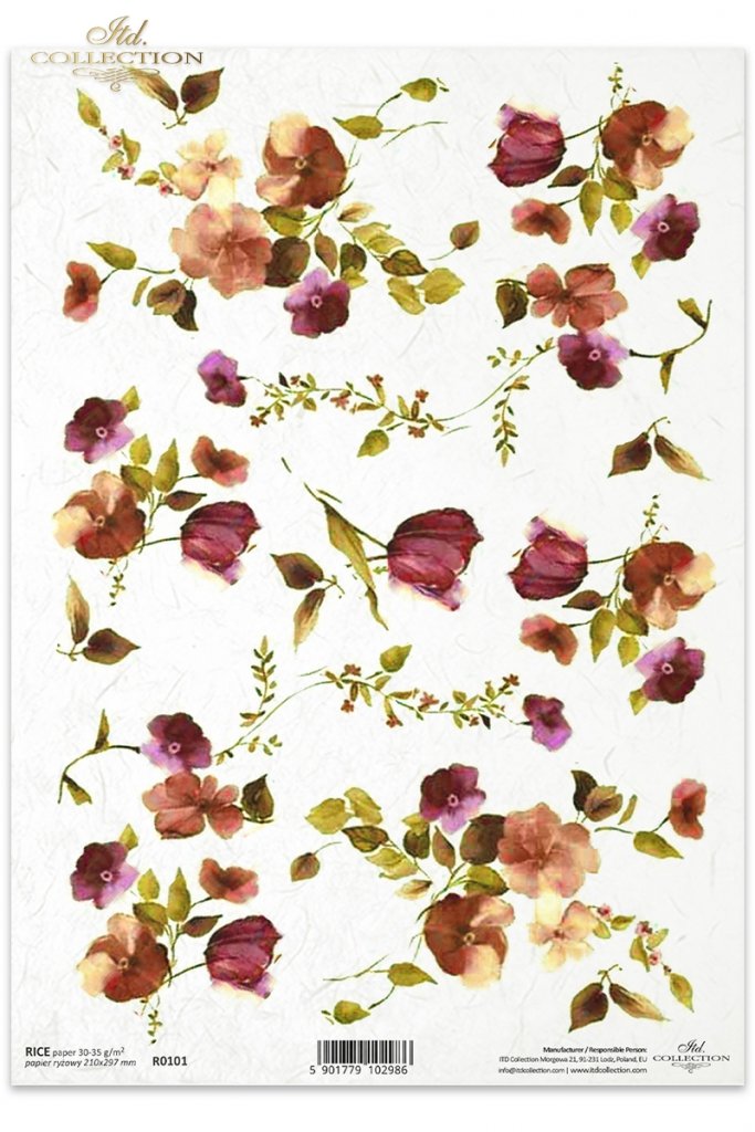 Rice paper R101 - painted flowers, the color of tea, plum color ...