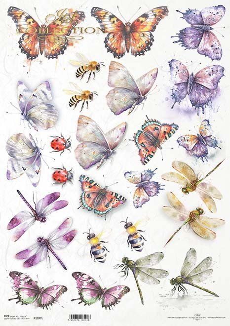 Rice paper A3 R1097L - butterflies, dragonflies, bees, ladybirds, insects
