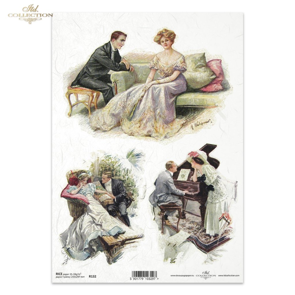 Rice paper R132 - rendez-vous in retro style, romantic meeting. The ...