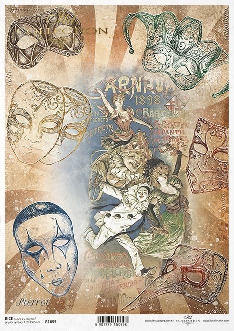 Rice paper R1655 - Carnival-Pierrot in love * Carnival masks, Pierrot ...