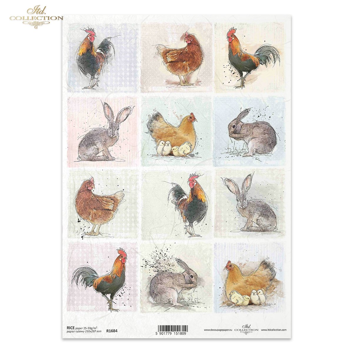 Rice paper R1684 - around the farm, Pastels, tags, small pictures, cock ...